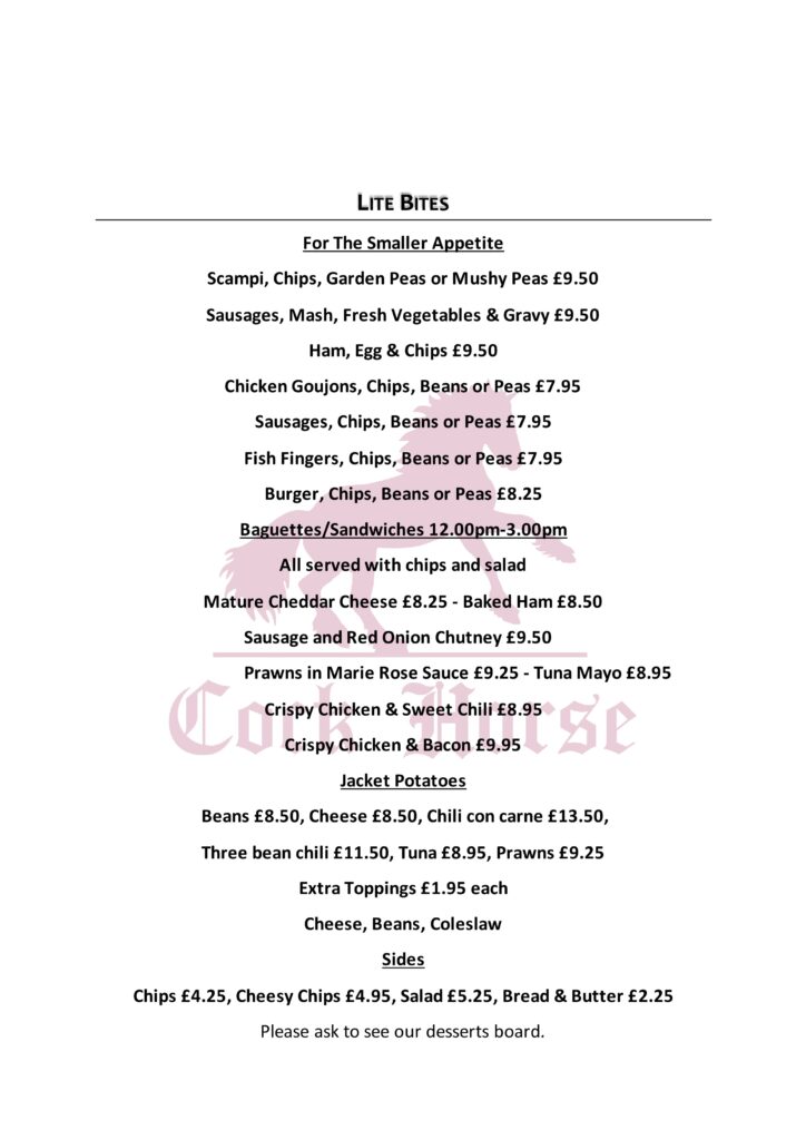 Menus - The Cock Horse at Detling